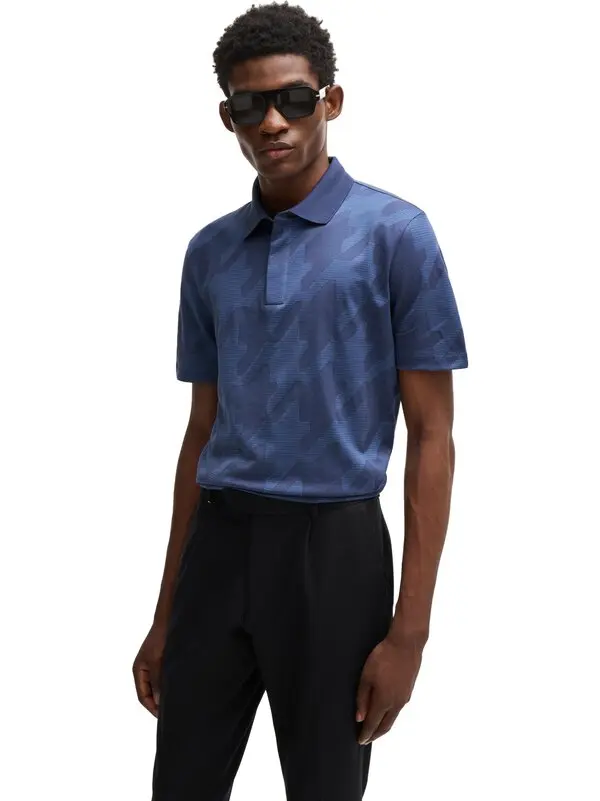 BOSS Mercerized-cotton Slim-fit Polo Shirt With Houndstooth Jacquard - Dark Blue