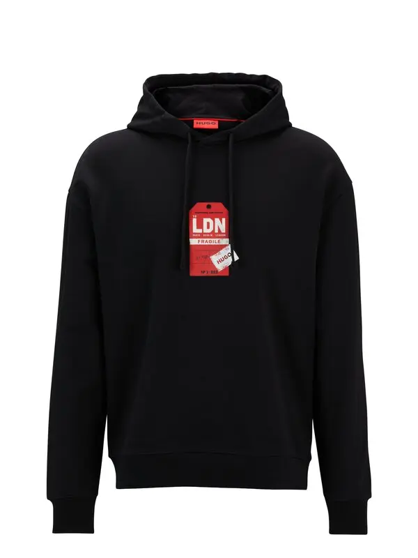 Hugo Cotton-terry Hoodie With Travel-tag Artwork - Black