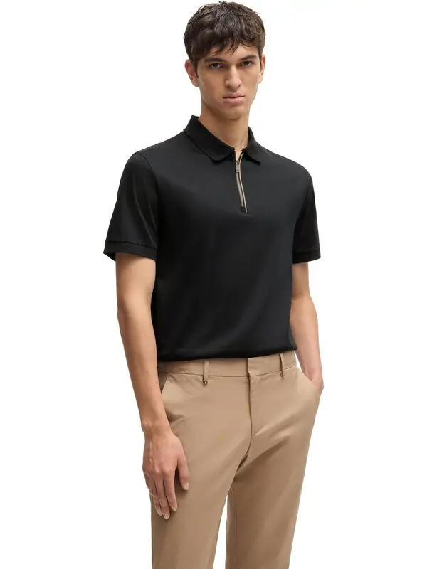 BOSS Mercerized-cotton Slim-fit Polo Shirt With Zip Placket - Black
