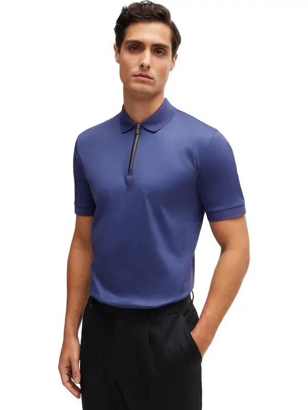 BOSS Mercerized-cotton Slim-fit Polo Shirt With Zip Placket - Dark Blue