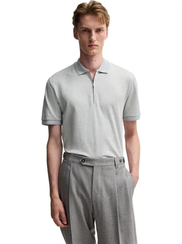 BOSS Zip-neck Polo Shirt In Cotton And Silk - Light Grey