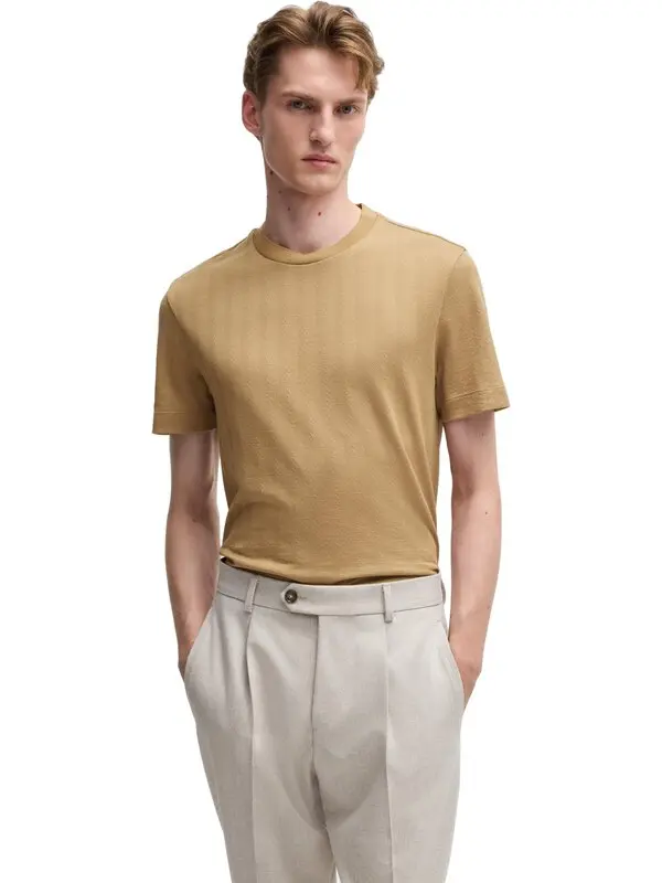 BOSS Herringbone Regular-fit T-shirt In Cotton And Wool - Beige