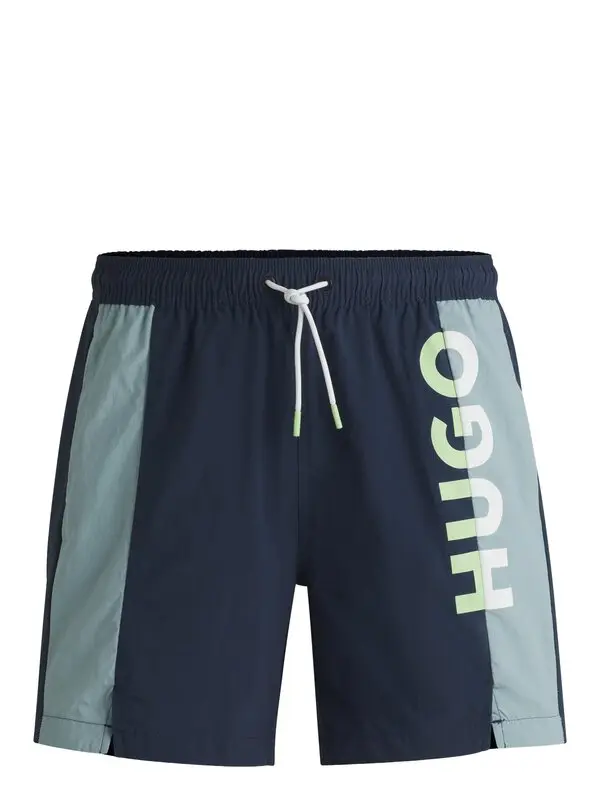 Hugo Color-blocked Swim Shorts With Logo - Dark Blue