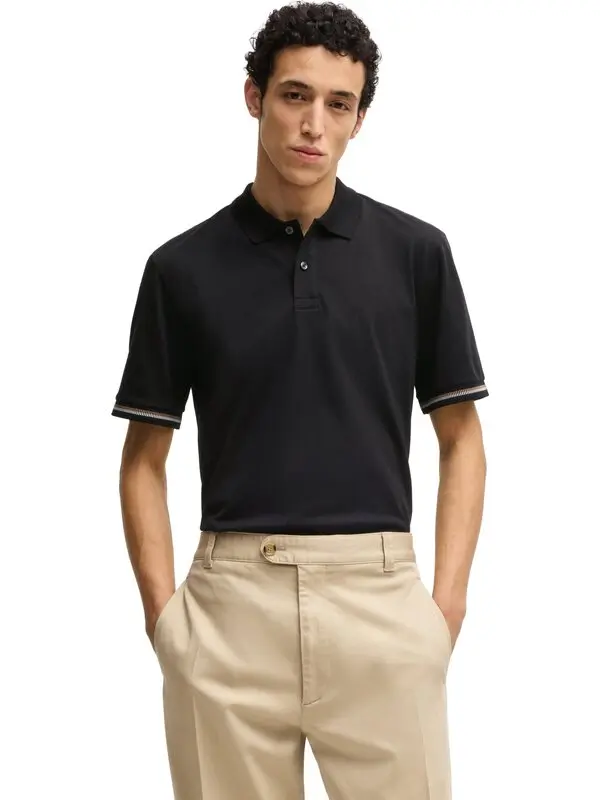 BOSS Mercerized-cotton Regular-fit Polo Shirt With Stripe Trims - Black
