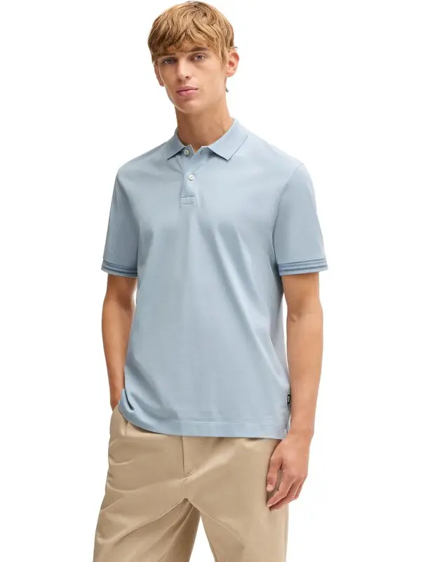 BOSS Mercerized-cotton Regular-fit Polo Shirt With Stripe Trims - Light Blue