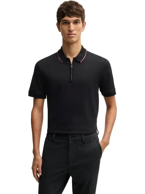BOSS Structured-cotton Polo Shirt With Zip Placket - Black