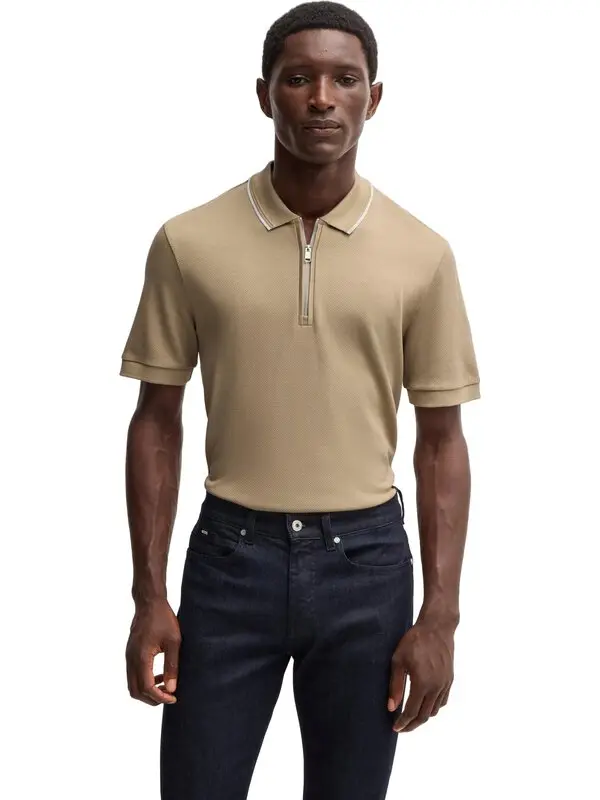 BOSS Structured-cotton Polo Shirt With Zip Placket - Light Beige