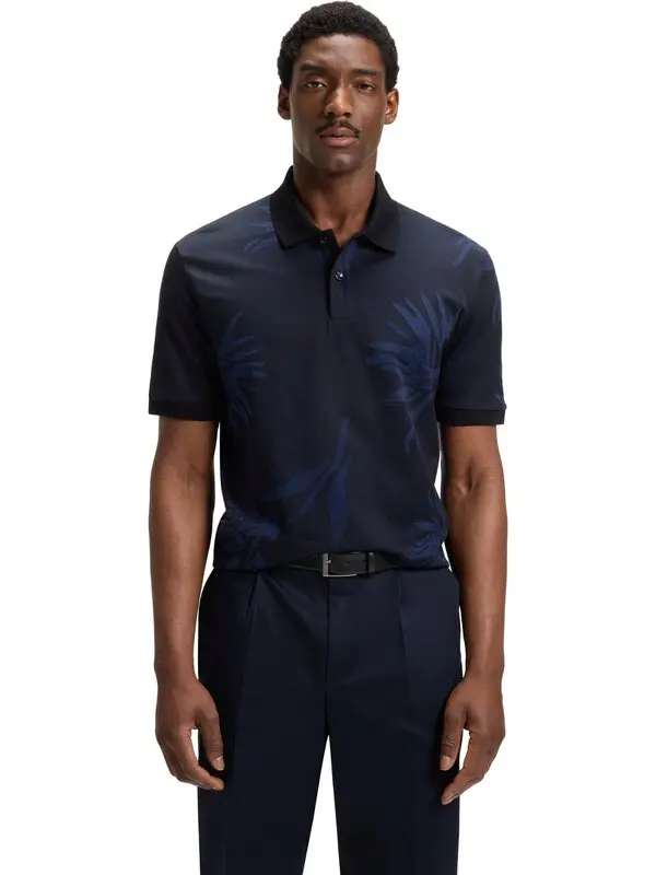 BOSS Mercerized-cotton Polo Shirt With Floral Jacquard - Dark Blue