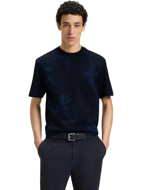 BOSS Mercerized-cotton T-shirt With Floral Jacquard - Dark Blue