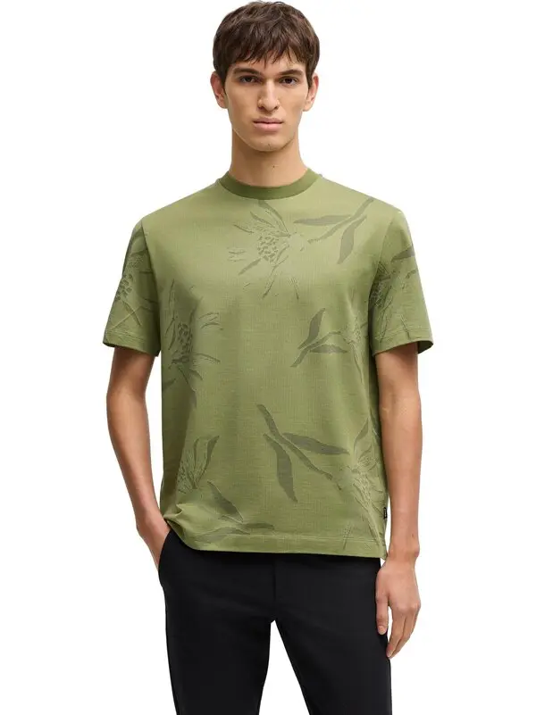BOSS Mercerized-cotton T-shirt With Floral Jacquard - Green