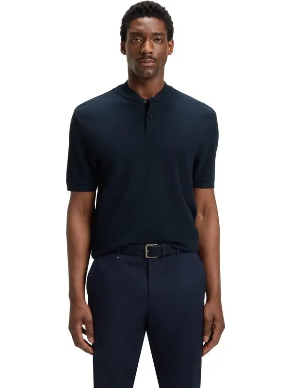BOSS Collarless Polo Shirt In A Waffle Cotton Blend - Dark Blue
