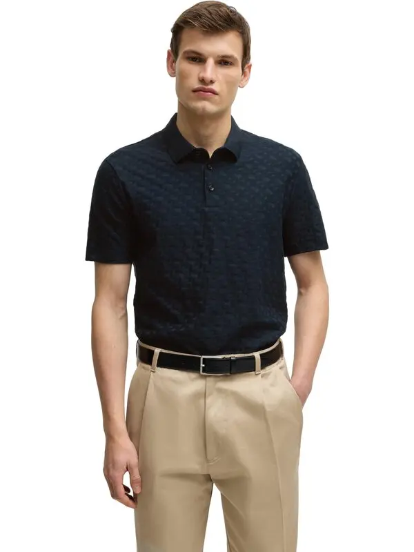 BOSS Cotton Polo Shirt With Tonal Monogram Jacquard - Dark Blue