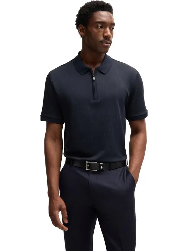 BOSS Polo Shirt With Seersucker Structure - Dark Blue