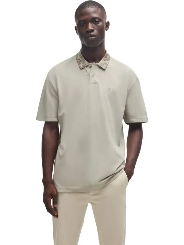 BOSS Cotton-piqué Polo Shirt With Jungle-artwork Collar - Light Beige