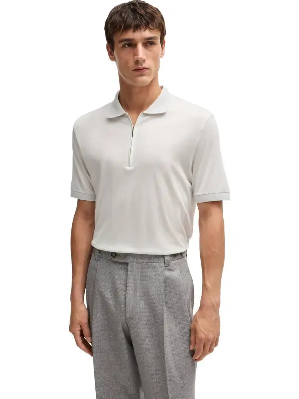 BOSS Zip-placket Polo Shirt In Cotton And Silk - White