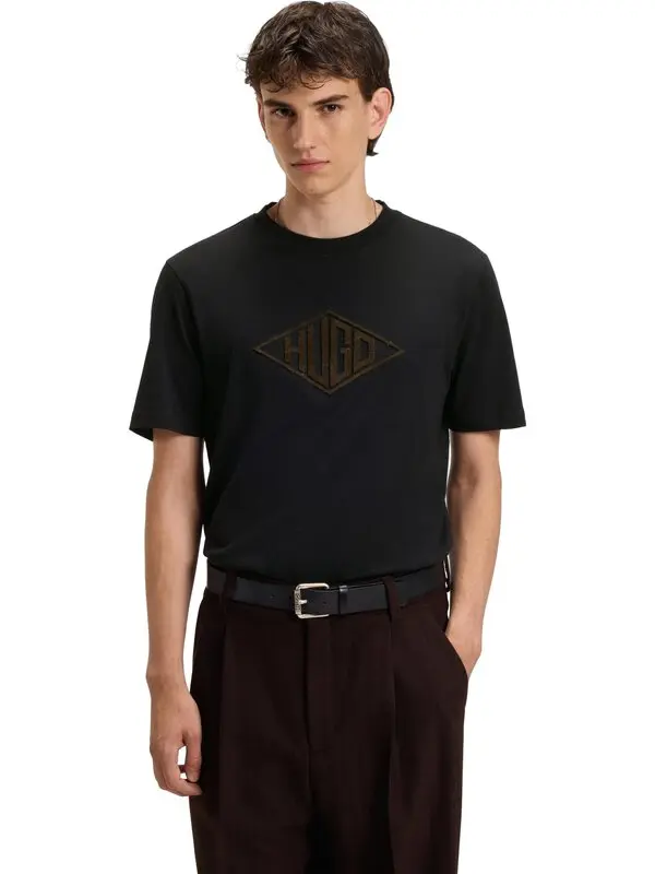 Hugo Cotton-jersey T-shirt With Geometric Logo Embroidery - Black