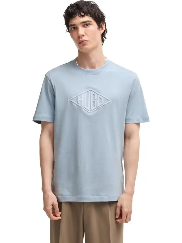 Hugo Cotton-jersey T-shirt With Geometric Logo Embroidery - Light Blue