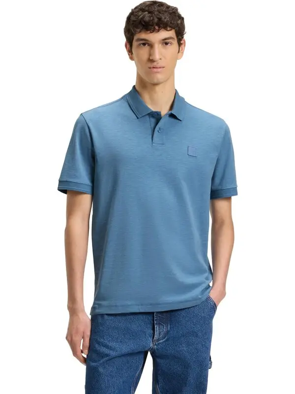 BOSS Slub Cotton-linen Polo Shirt With Logo Badge - Light Blue