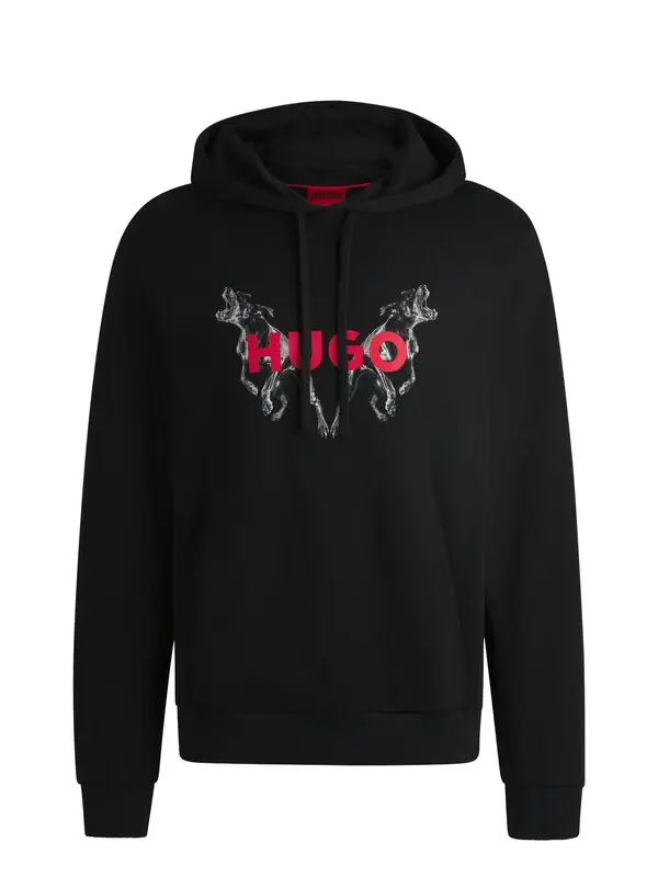 Hugo Cotton-terry Regular-fit Hoodie With Graphic Prints - Black