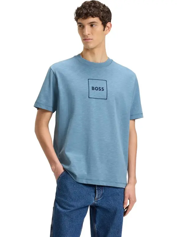 BOSS Slub-cotton T-shirt With Logo Print - Light Blue