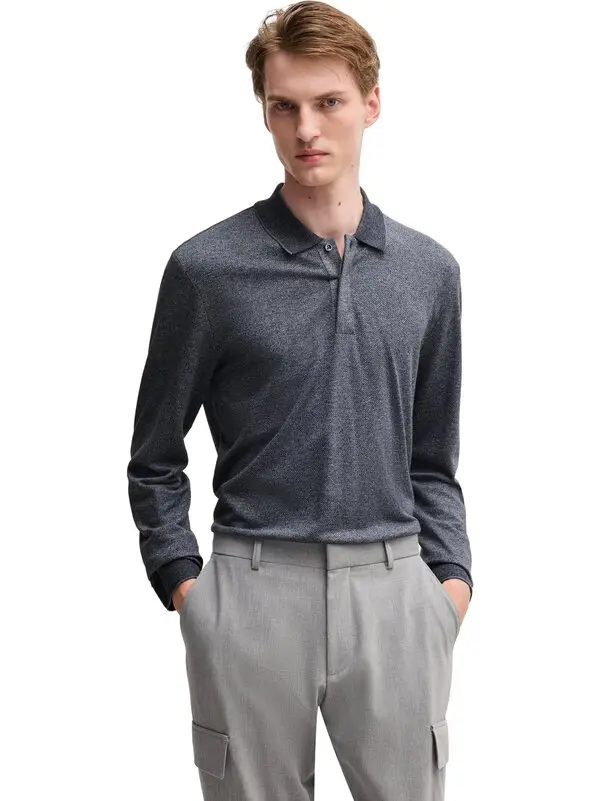 BOSS Long-sleeved Knit Polo In Mouliné Cotton And Silk - Dark Blue