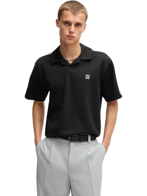 Hugo Checked-tape Polo Shirt In A Cotton Blend - Black