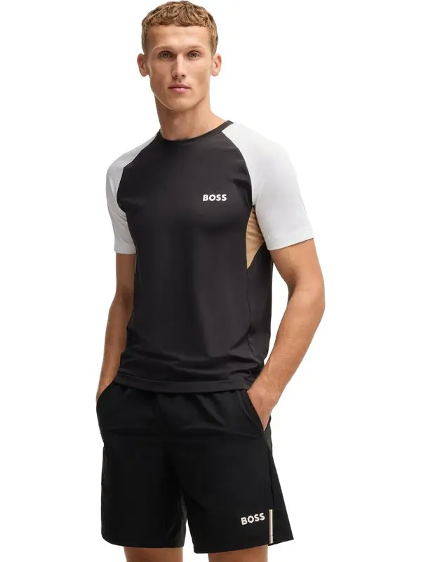 BOSS Active Color-blocked T-shirt In Moisture-wicking Fabric - Black