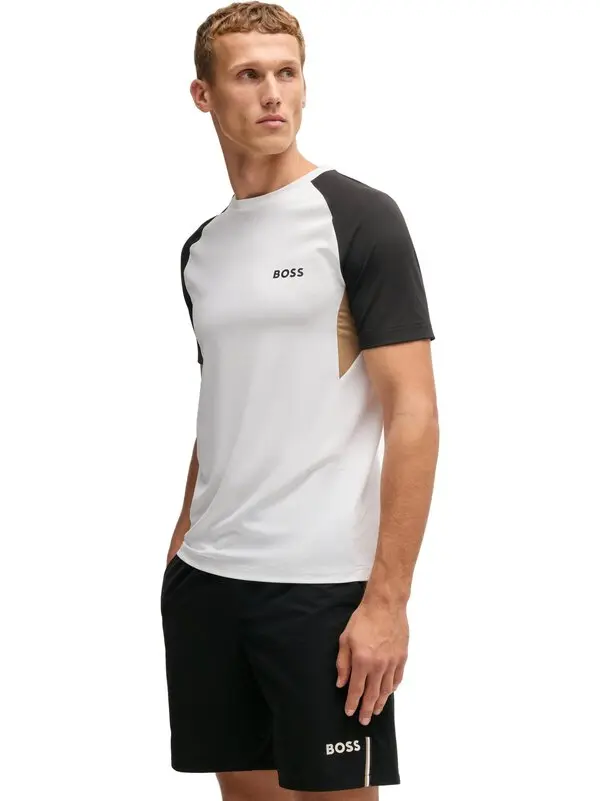 BOSS Active Color-blocked T-shirt In Moisture-wicking Fabric - White