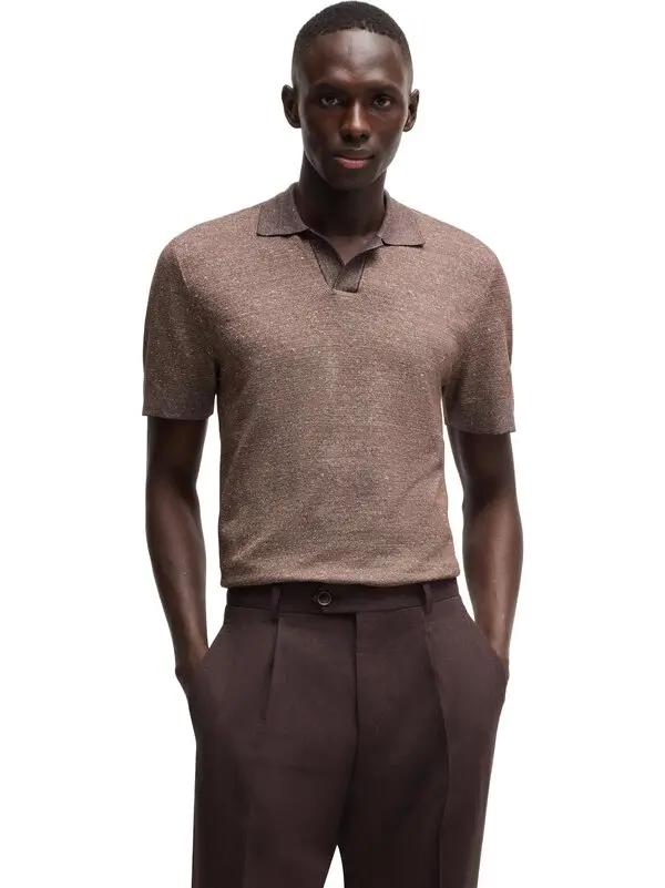 BOSS Johnny-collar Polo Shirt In Cotton, Linen And Silk - Dark Brown