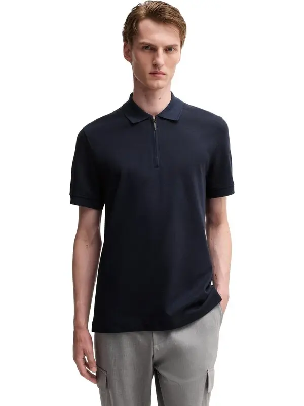 BOSS Zip-neck Polo Shirt In Cotton And Cashmere - Dark Blue