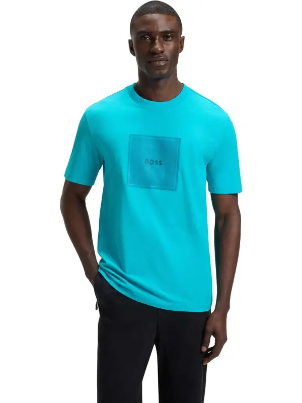BOSS Cotton-jersey T-shirt With Fineline Logo Artwork - Light Blue