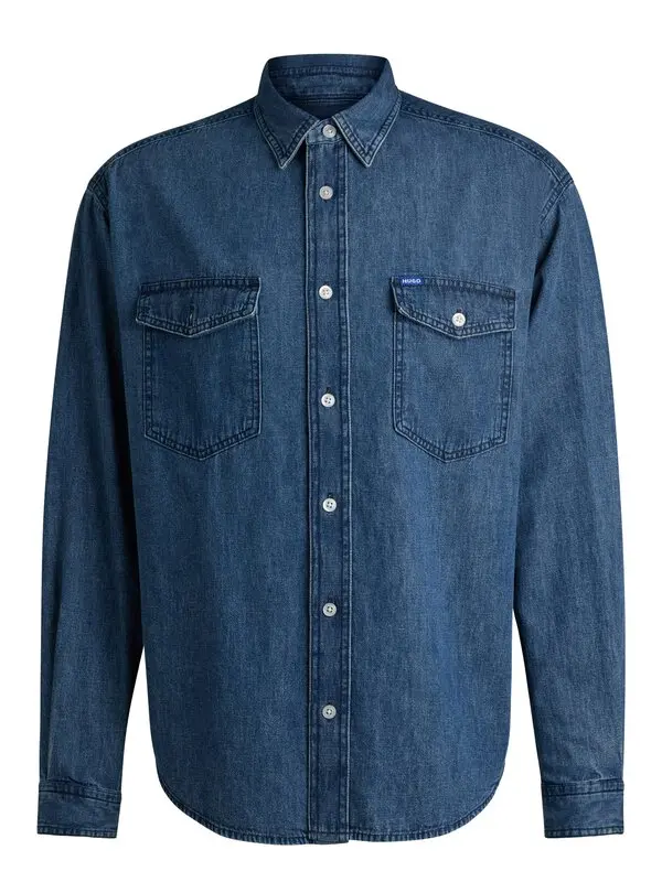 Hugo Blue Loose-fit Shirt In Cotton Denim - Dark Blue