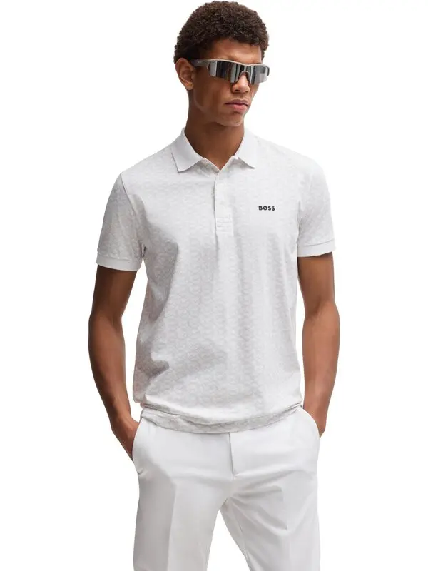 BOSS Paddy Polo Shirt In Stretch Cotton With Printed Pattern - White