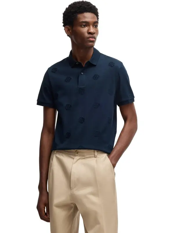 BOSS Mercerized-cotton Polo Shirt With Double B Monograms - Dark Blue