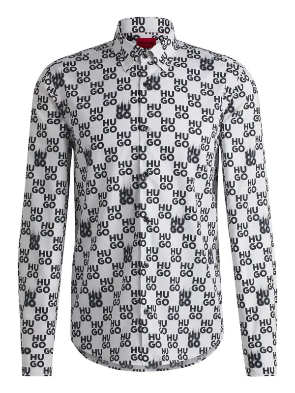 Hugo Slim-fit Shirt In Seasonal-print Cotton Poplin - White