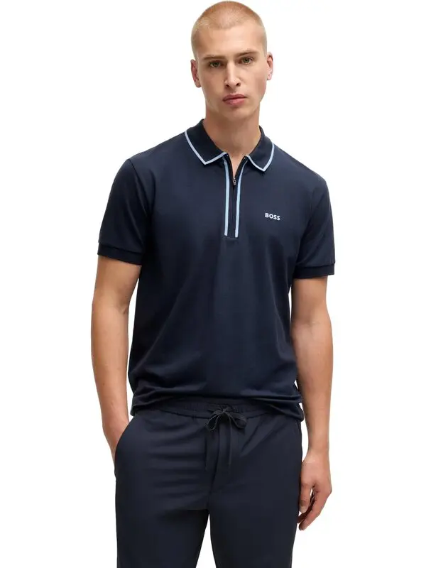 BOSS Stretch-cotton Polo Shirt With Contrast Stripes - Dark Blue
