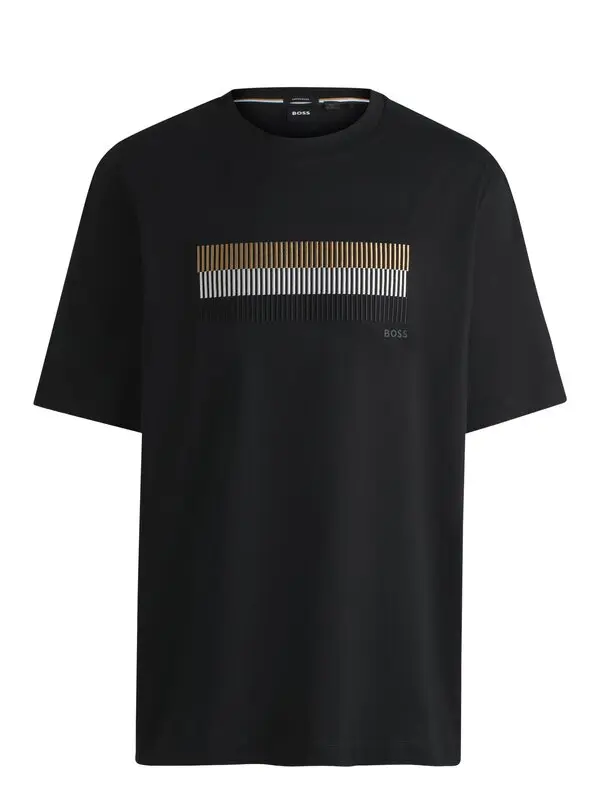 BOSS Mercerized-cotton T-shirt With Signature-stripe Artwork - Black