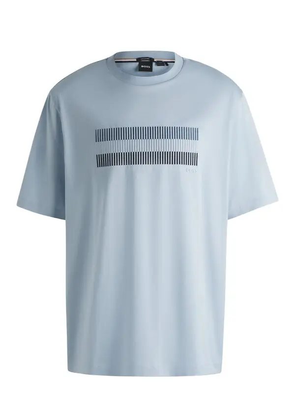 BOSS Mercerized-cotton T-shirt With Signature-stripe Artwork - Light Blue