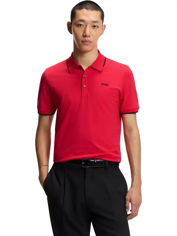 Hugo Embroide-logo Slim-fit Polo Shirt In Stretch Cotton - Red