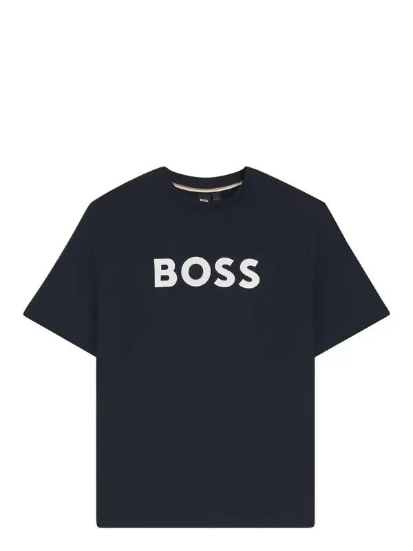 BOSS Cotton Jersey T-shirt With Mixed-print Logo - Dark Blue