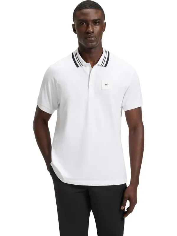 BOSS Paddy Stretch-cotton Polo Shirt With Striped Collar - White
