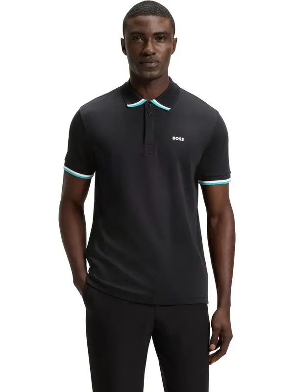BOSS Paddy Knit Polo Shirt In Cotton With Striped Trims - Black