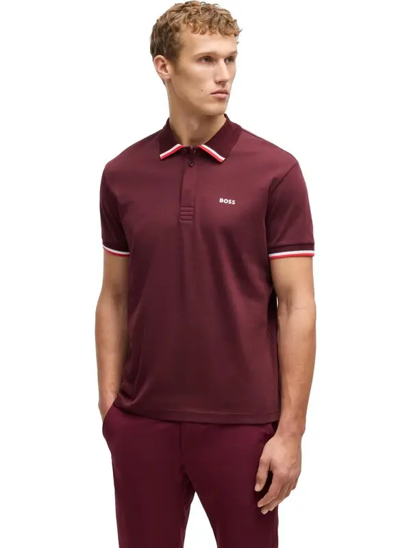 BOSS Paddy Knit Polo Shirt In Cotton With Striped Trims - Red
