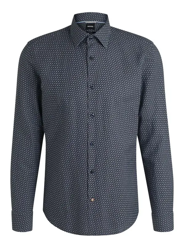 BOSS Casual-fit Shirt In Monogram-print Linen-cotton Chambray - Dark Blue