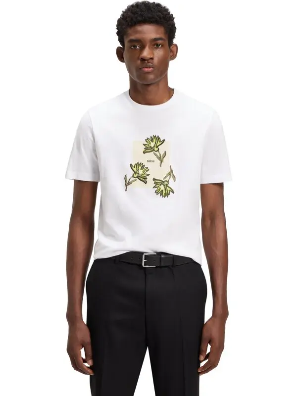 BOSS Cotton-jersey T-shirt With Floral Artwork - White