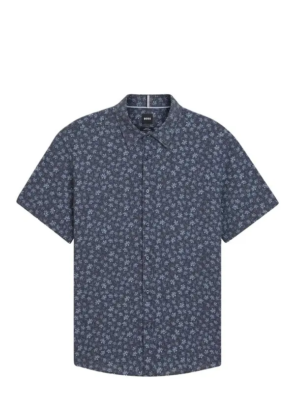 BOSS Slim-fit Shirt In Floral-print Stretch Linen - Dark Blue