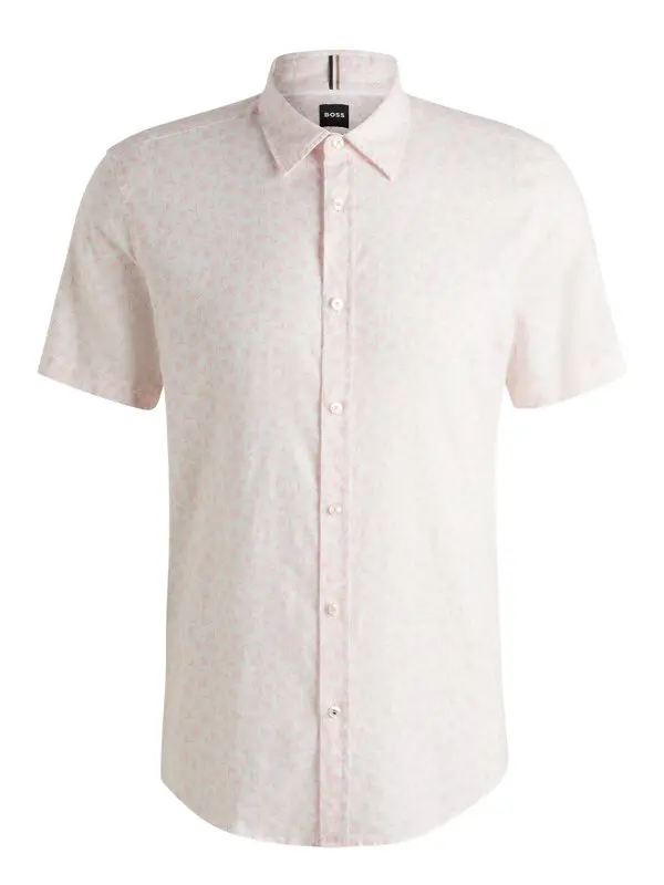 BOSS Slim-fit Shirt In Floral-print Stretch Linen - Light Pink