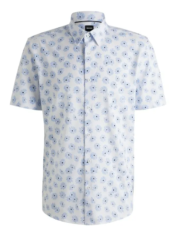 BOSS Slim-fit Shirt In A Floral-print Cotton Blend - Light Blue