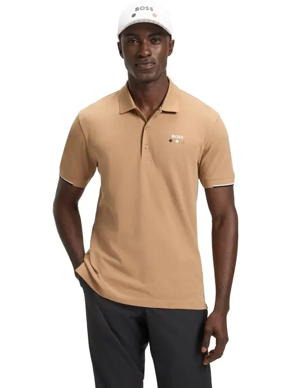 BOSS Active Paddy Mercerized-cotton Polo Shirt With Grid Trims - Beige