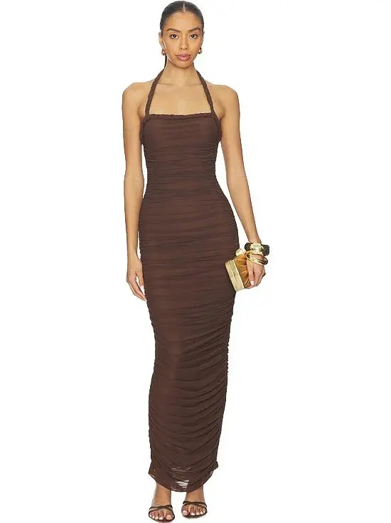 SNDYS Gianna Ruched Halterneck Maxi Dress - Chocolate